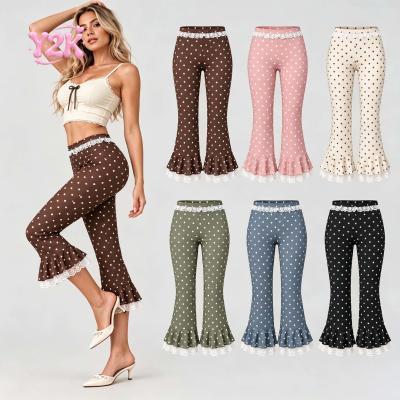 China Custom Women Polka Dot Capri Pants Lace Trim Ruffle Hem Satin Pajama Bottoms Y2K Casual Lounge Sleepwear Cropped Flare Trousers for sale