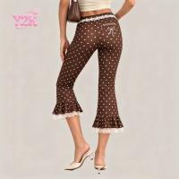 China Custom Women Polka Dot Capri Pants Lace Trim Ruffle Hem Satin Pajama Bottoms Y2K Casual Lounge Sleepwear Cropped Flare Trousers for sale
