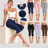 China Custom Plus Size Women Lace Trim Capri Leggings Bow Detail Stretch Cotton Fitted Casual Lounge Pajama Cropped Sleepwear Pants for sale