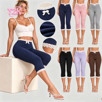China Custom Plus Size Women Lace Trim Capri Leggings Bow Detail Stretch Cotton Fitted Casual Lounge Pajama Cropped Sleepwear Pants for sale