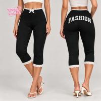 China Custom Plus Size Women Lace Trim Capri Leggings Bow Detail Stretch Cotton Fitted Casual Lounge Pajama Cropped Sleepwear Pants for sale