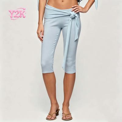 China Custom Women Low Rise Wrap Tie Capri Pants Stretchy Fitted Cropped Trousers Y2K Casual Lounge Summer Slim Leg Fashion Bottoms for sale
