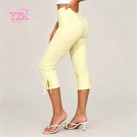 China Custom Women Mid Rise Capri Pants Side Drawstring Ruched Hem Stretch Cotton Slim Fit Casual Summer Cropped Lounge Fashion Trousers for sale
