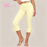 China Custom Women Mid Rise Capri Pants Side Drawstring Ruched Hem Stretch Cotton Slim Fit Casual Summer Cropped Lounge Fashion Trousers for sale
