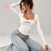 China Custom Women Ribbed Long Sleeve Top Studded Scoop Neck Stretch Cotton Slim Fit Y2K Casual Streetwear Basic Fitted Fashion Shirt for sale