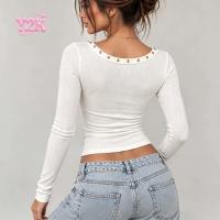China Custom Women Ribbed Long Sleeve Top Studded Scoop Neck Stretch Cotton Slim Fit Y2K Casual Streetwear Basic Fitted Fashion Shirt for sale