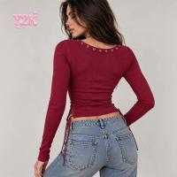 China Custom Women Ribbed Long Sleeve Top Side Lace Up Cutout Eyelet Rhinestone Graphic Slim Fit Y2K Streetwear Casual Stretch Shirt for sale