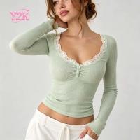China Custom Women Ribbed Long Sleeve Top Lace Trim Sweetheart Neck Bow Detail Stretch Slim Fit Y2K Casual Lounge Feminine Fashion Shirt for sale
