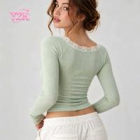 China Custom Women Ribbed Long Sleeve Top Lace Trim Sweetheart Neck Bow Detail Stretch Slim Fit Y2K Casual Lounge Feminine Fashion Shirt for sale