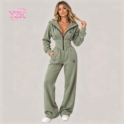 China Custom Women Tracksuit Corset Zip Hoodie Pointed Hem Wide Leg Sweatpants Cotton Fleece Y2K Casual Lounge Streetwear Two Piece Set for sale