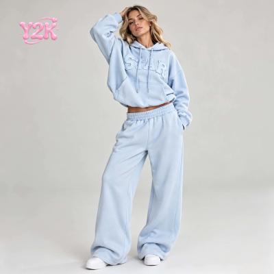 China Custom Women Oversized Tracksuit Embroidered Pullover Hoodie Wide Leg Sweatpants Cotton Fleece Lounge Streetwear Two Piece Set for sale