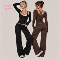China Custom Women Layered Deep Scoop Neck Long Sleeve Top Low Rise Flare Pants Stretch Y2K Lounge Streetwear Matching Two Piece Set for sale