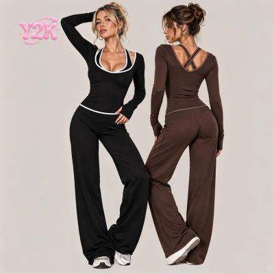 China Custom Women Layered Deep Scoop Neck Long Sleeve Top Low Rise Flare Pants Stretch Y2K Lounge Streetwear Matching Two Piece Set for sale