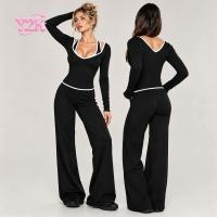 China Custom Women Layered Deep Scoop Neck Long Sleeve Top Low Rise Flare Pants Stretch Y2K Lounge Streetwear Matching Two Piece Set for sale