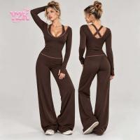 China Custom Women Layered Deep Scoop Neck Long Sleeve Top Low Rise Flare Pants Stretch Y2K Lounge Streetwear Matching Two Piece Set for sale