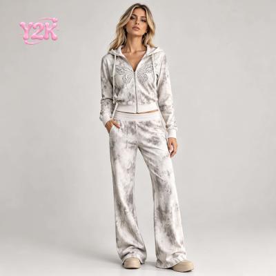China Custom Women Vintage Wash Hooded Jacket Flare Pants Two Piece Set for sale