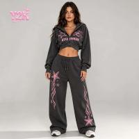 China Custom Women Graphic Crop Hoodie Wide Leg Sweatpants Two Piece Set for sale