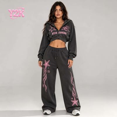 China Custom Women Graphic Crop Hoodie Wide Leg Sweatpants Two Piece Set for sale