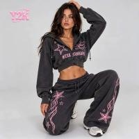 China Custom Women Graphic Crop Hoodie Wide Leg Sweatpants Two Piece Set for sale