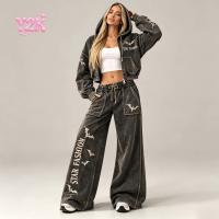 China Custom Women Acid Wash Crop Hoodie Cargo Pants Two Piece Set for sale