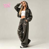 China Custom Women Acid Wash Crop Hoodie Cargo Pants Two Piece Set for sale