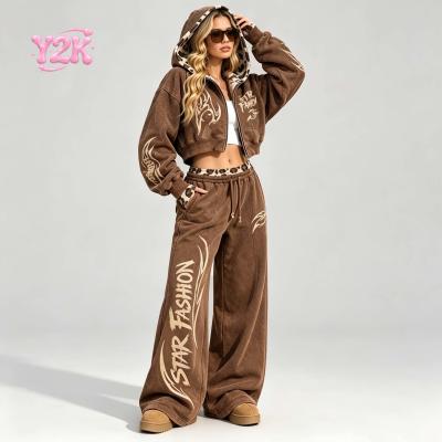 China Custom Women Patchwork Crop Hoodie Wide Leg Pants Two Piece Set for sale