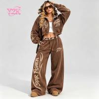 China Custom Women Patchwork Crop Hoodie Wide Leg Pants Two Piece Set for sale