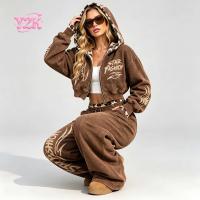 China Custom Women Patchwork Crop Hoodie Wide Leg Pants Two Piece Set for sale