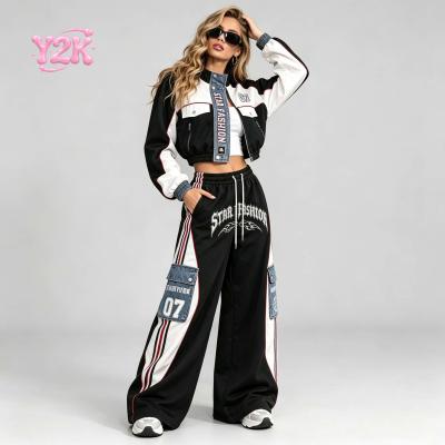 China Custom Women Patchwork Zip Jacket Wide Leg Pants Two Piece Set for sale