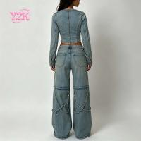 China Custom Women Studded Denim Jacket Cargo Jeans Two Piece Set for sale