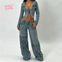 China Custom Women Studded Denim Jacket Cargo Jeans Two Piece Set for sale