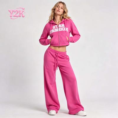 China Custom Women Chenille Crop Hoodie Wide Leg Pants Two Piece Set for sale
