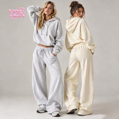 China Custom Women Layered Crop Hoodie Wide Leg Pants Two Piece Set for sale