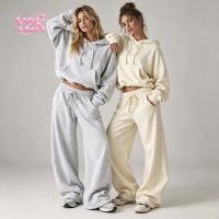 China Custom Women Layered Crop Hoodie Wide Leg Pants Two Piece Set for sale
