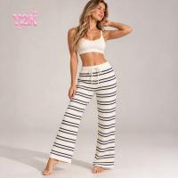 China Women's Striped Waffle Knit Drawstring Wide Leg Lounge Pants for sale