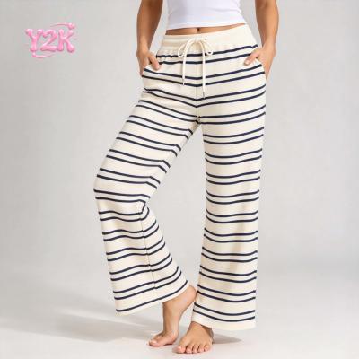 China Women's Striped Waffle Knit Drawstring Wide Leg Lounge Pants for sale