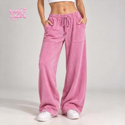 China Women's Washed Drawstring Wide Leg Patch Pocket Lounge Pants for sale