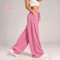 China Women's Washed Drawstring Wide Leg Patch Pocket Lounge Pants for sale