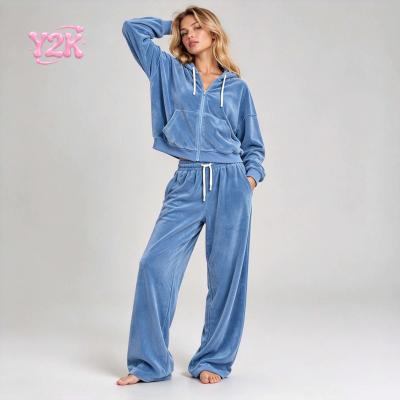China Women's Terry Towel Zip Hoodie Wide Leg Pants Two Piece Set for sale