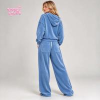 China Women's Terry Towel Zip Hoodie Wide Leg Pants Two Piece Set for sale