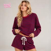 China Women's Striped Long Sleeve Top Shorts Two Piece Lounge Set for sale
