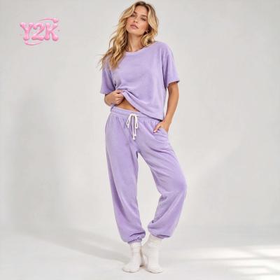 China Women's Terry Towel T Shirt Jogger Pants Two Piece Lounge Set for sale