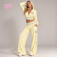 China Women's Rhinestone Cropped Zip Hoodie and Wide Leg Pants Two Piece Set for sale
