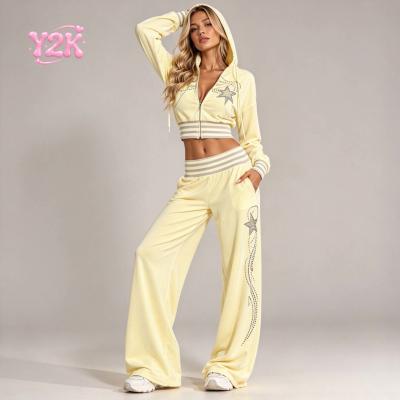 China Women's Rhinestone Cropped Zip Hoodie and Wide Leg Pants Two Piece Set for sale
