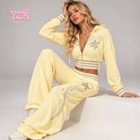 China Women's Rhinestone Cropped Zip Hoodie and Wide Leg Pants Two Piece Set for sale