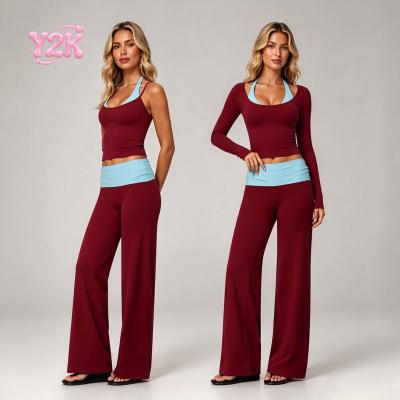 China Women's Layered Crop Tops Wide Leg Pants Three Piece Set for sale
