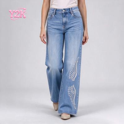 China Women's Embroidered Angel Wing High Waist Wide Leg Jeans for sale