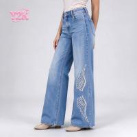 China Women's Embroidered Angel Wing High Waist Wide Leg Jeans for sale