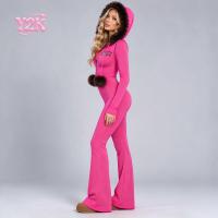 China Women's Faux Fur Trim Hooded Zip Up Long Sleeve Flared Jumpsuit for sale
