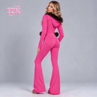 China Women's Faux Fur Trim Hooded Zip Up Long Sleeve Flared Jumpsuit for sale